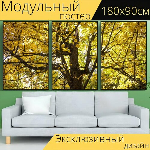 Модульный постер "Осень, желтый, листья" 180 x 90 см. для интерьера