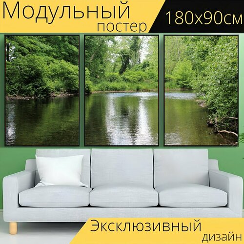 Модульный постер "Ленивая река, мир, вода" 180 x 90 см. для интерьера