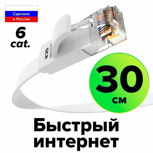 Провод PROF плоский UTP cat.6 10 Гбит/с RJ45 LAN кабель для интернета медный контакты 24K GOLD (GCR-LNC62) белый 0.3м