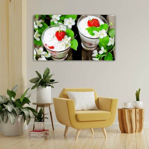 Картина на холсте 60x110 LinxOne "Йогурт жасмин десерт клубника" интерьерная для дома / на стену / на кухню / с подрамником