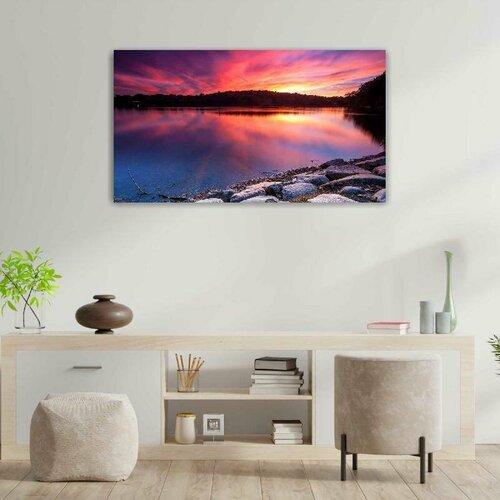Картина на холсте 60x110 LinxOne "Озеро берег рассвет природа пейзаж" интерьерная для дома / на стену / на кухню / с подрамником