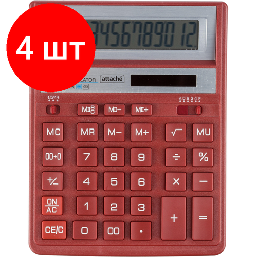 Комплект 4 штук, Калькулятор настольный полн. Attache AF-888.12р, дв. пит,204x158мм, темно-крас