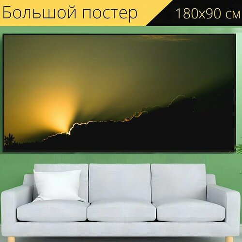 Большой постер "Заход солнца, облачный пейзаж, небо" 180 x 90 см. для интерьера