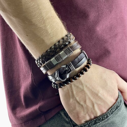 Плетеный браслет, экокожа, металл, 1 шт., размер 22 см, размер one size, черный