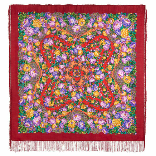 Платок Павловопосадская платочная мануфактура,146х146 см, фиолетовый, зеленый