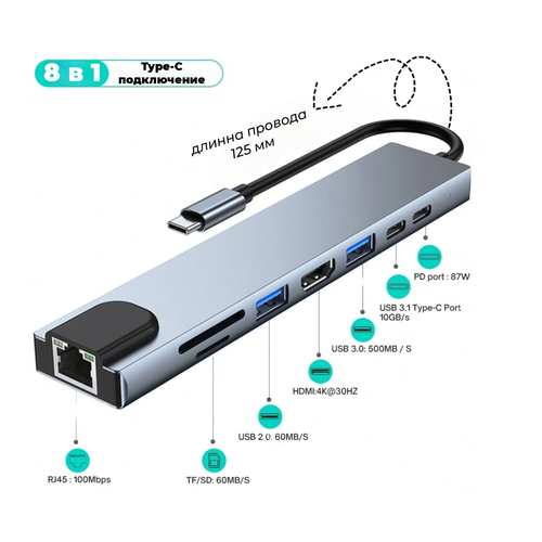 Хаб/Концентратор USB-C HUB 8 в 1/Переходник с USB 3.0, RJ45, HDMI 4K, SD, TF, PD Зарядка до 100W для MacBook Pro/Air