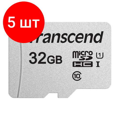 Комплект 5 штук, Карта памяти Transcend 300S microSDHC 32Gb UHS-I Cl10 +ад, TS32GUSD300S-A