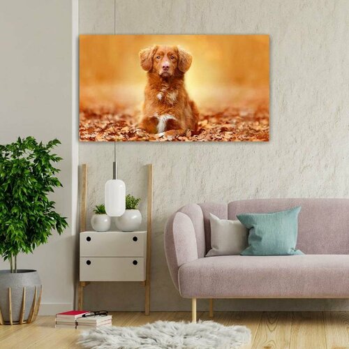 Картина на холсте 60x110 LinxOne "Собака взгляд осень портрет листья" интерьерная для дома / на стену / на кухню / с подрамником