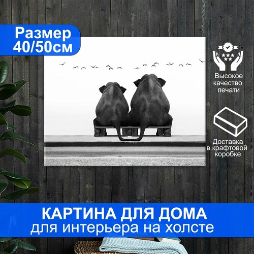 Картина для интерьера - Пара слонов на скамейке. Размер 50х40 см.