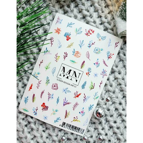 MIW Nails "Слайдеры для ногтей" водные наклейки для дизайна #W-51 цветной листья, цветы