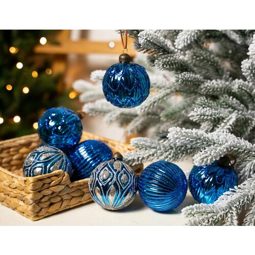 Набор стеклянных шаров суарэ БЛЮ, голубой, 8 см, 12 шт, Winter Deco 19039-23027