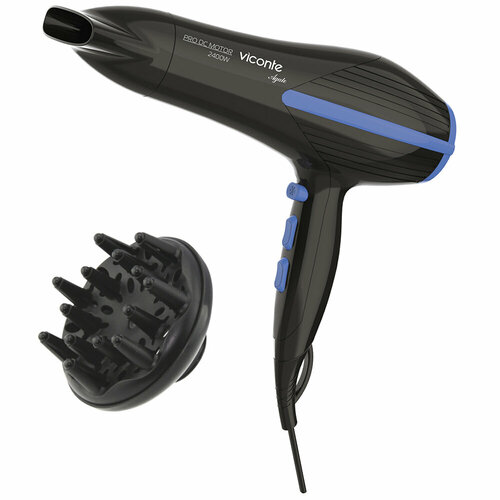 Фен для волос Viconte 2400 Вт для сушки и укладки с насадками (диффузор и концентратор) черный с синими вставками