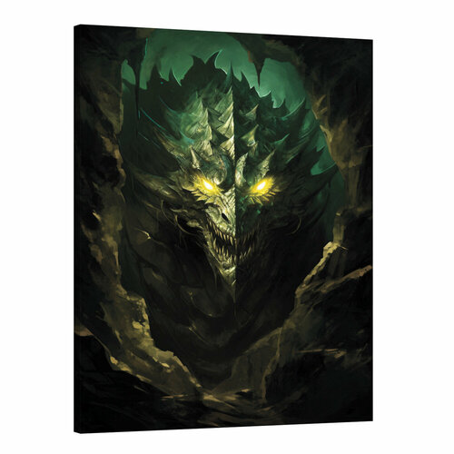Интерьерная картина 50х70 "Зеленый дракон в загадочной пещере"
