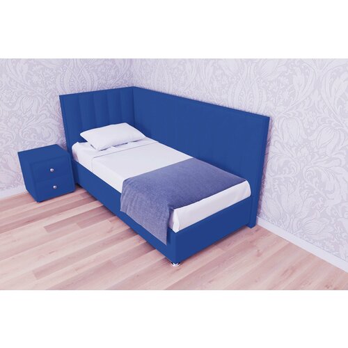 Односпальная кровать Сочи 80x200 с подъемным механизмом и с коробом для белья велюр синий без ножек угол правый