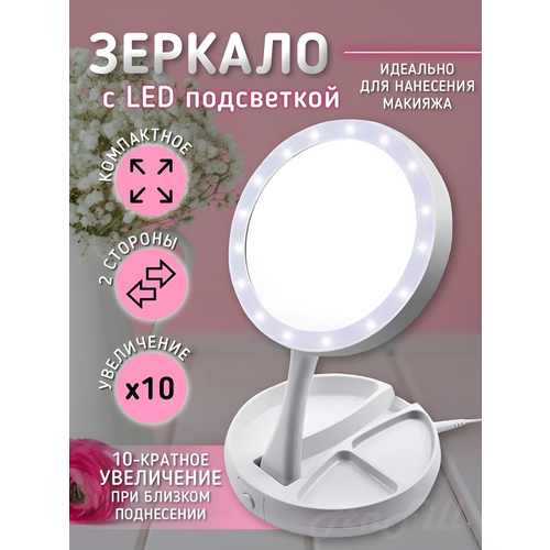 Косметическое двустороннее зеркало Goodly My Foldaway Mirror для макияжа, с подсветкой и х10 увеличением