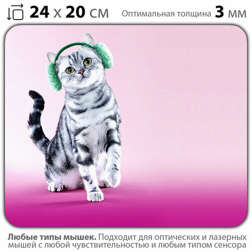 Коврик для мыши "Забавный котик в наушниках" (24 x 20 см x 3 мм)