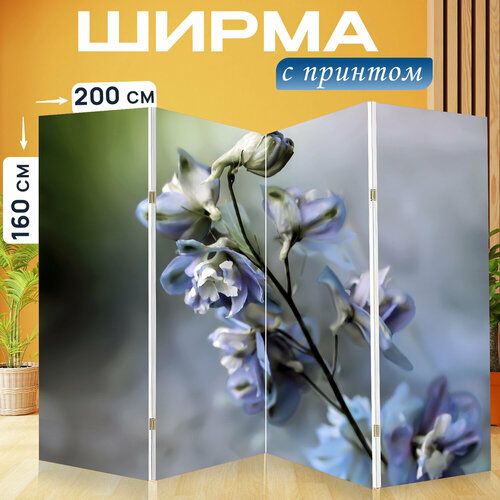 Ширма перегородка с принтом "Цветок, живокость, синий" на холсте - 200x160 см. для зонирования, раскладная