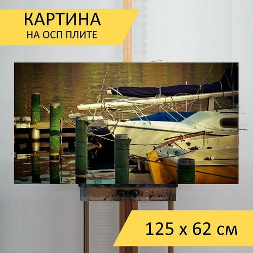 Картина на ОСП 125х62 см. "Озеро, лодки, вода" горизонтальная, для интерьера, с креплениями