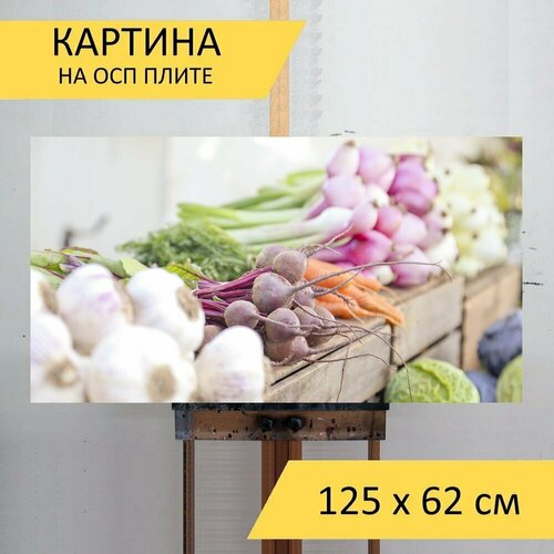 Картина на ОСП 125х62 см. "Овощи, фермерский рынок, вегетарианский стенд" горизонтальная, для интерьера, с креплениями