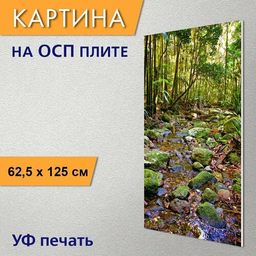 Вертикальная картина на ОСП "Ручей, лес, тропический" 62x125 см. для интерьериа