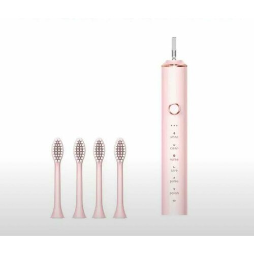 Электрическая зубная щетка для чистки зубов и полости рта, 6 режимов, с 4-мя сменными насадками , цвет розовый