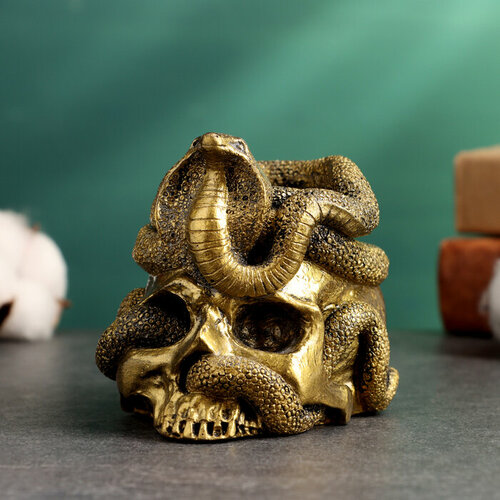 Подсвечник "Змея на черепе" старое золото, 9,5х8х8см
