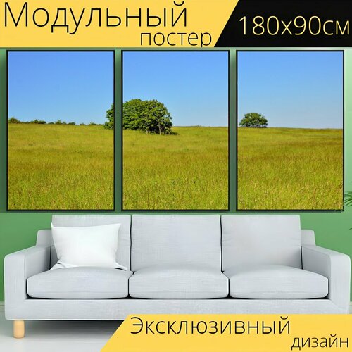 Модульный постер "Пейзаж, поле, сельский пейзаж" 180 x 90 см. для интерьера