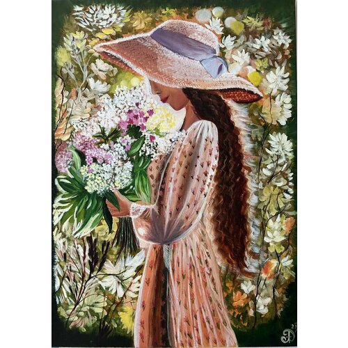 Картина маслом Девушка в саду, ручная работа, размер 50*70 см, Картина интерьерная