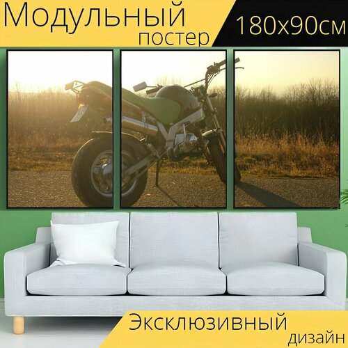 Модульный постер "Мотоцикл, двигатель, гоночная машина" 180 x 90 см. для интерьера
