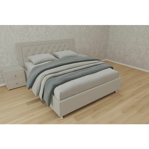 Двуспальная кровать Алания 180x200 основание металлическое с ламелями велюр бежевый ножки 5 см