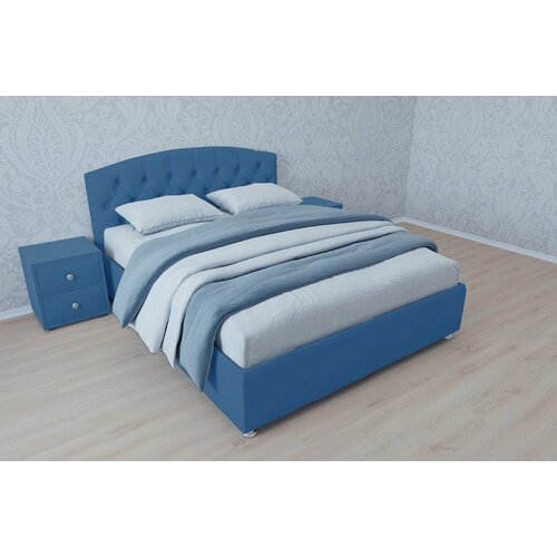 Двуспальная кровать Берлин 160x200 с подъемным механизмом и с коробом для белья велюр синий ножки 13 см хром