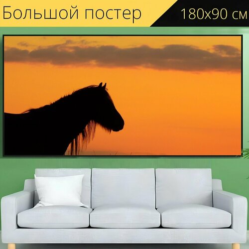 Большой постер "Лошадь, небо, вид" 180 x 90 см. для интерьера