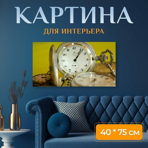 Картина на холсте "Блошиный рынок, карманные часы, время" на подрамнике 75х40 см. для интерьера