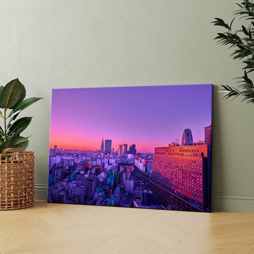 Картина на холсте (Токио Город небоскребов в фиолетовом виде 21 века) 20x30 см. Интерьерная, на стену.