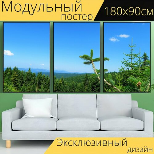 Модульный постер "Лес, горы, зеленый" 180 x 90 см. для интерьера