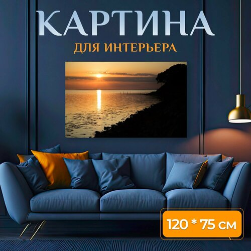 Картина на холсте "Заход солнца, дания, вода" на подрамнике 120х75 см. для интерьера