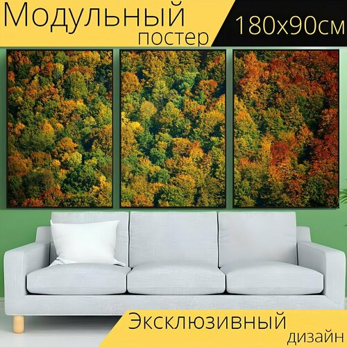 Модульный постер "Осенний лес, цветные листья, цвета осени" 180 x 90 см. для интерьера