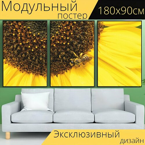 Модульный постер "Пчелы, подсолнух, желтый" 180 x 90 см. для интерьера