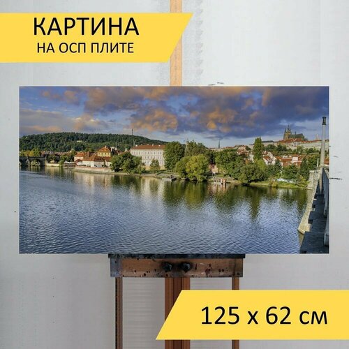 Картина на ОСП 125х62 см. "Река, дома, коса" горизонтальная, для интерьера, с креплениями