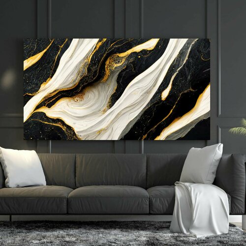 Интерьерная картина на натуральном холсте - Абстракция. Черное и белое золото, 60 х 80 см.