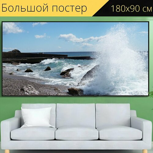 Большой постер "Крым, волна, черное" 180 x 90 см. для интерьера