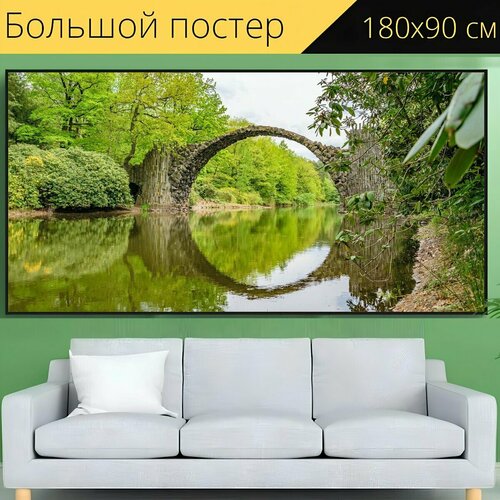 Большой постер "Зеркальное отображение, мост, река" 180 x 90 см. для интерьера