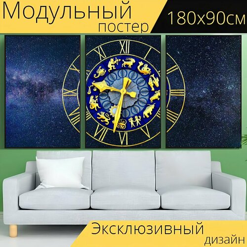 Модульный постер "Часы, знак зодиака, время" 180 x 90 см. для интерьера