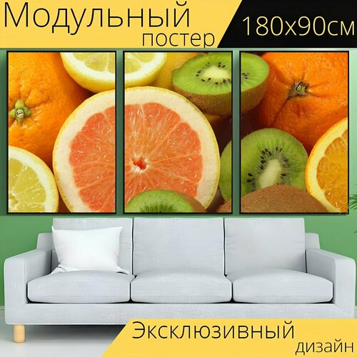 Модульный постер "Фрукты, апельсины, лимон" 180 x 90 см. для интерьера