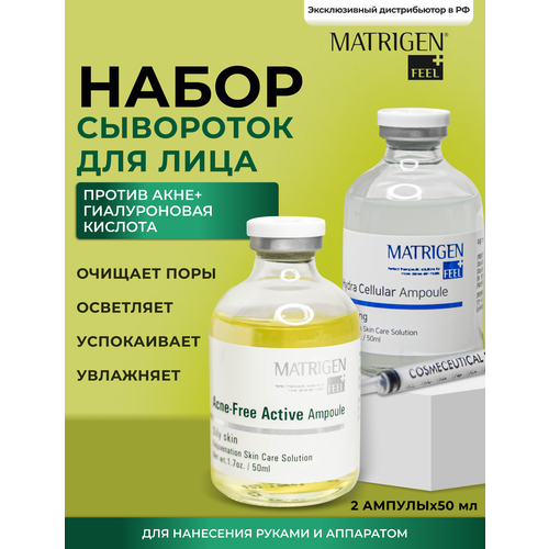 Matrigen Сыворотка для лица / от акне прыщей + увлажнение / антивозрастной восстанавливающий уход / под дермапен и мезороллер / набор 2 ампулы х 50 мл