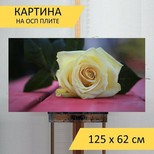 Картина на ОСП 125х62 см. "Роза, цветок, желтая роза" горизонтальная, для интерьера, с креплениями