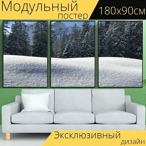 Модульный постер "Зима, пейзаж, зимний пейзаж" 180 x 90 см. для интерьера