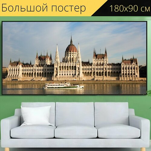 Большой постер "Будапешт, венгрия, парламент" 180 x 90 см. для интерьера