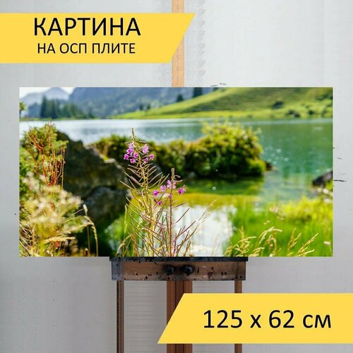 Картина на ОСП 125х62 см. "Цветок, озеро, гора" горизонтальная, для интерьера, с креплениями
