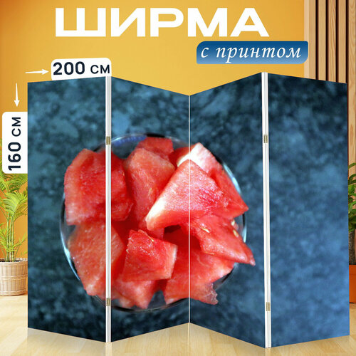Ширма перегородка с принтом "Арбуз, фрукты, ваза с фруктами" на холсте - 200x160 см. для зонирования, раскладная